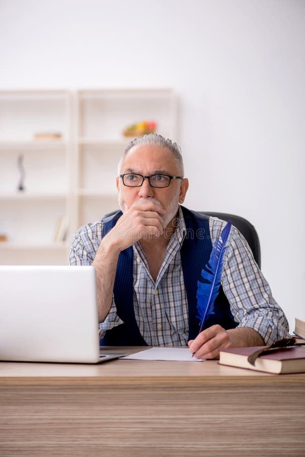 Old Male Writer Sitting at Workplace Stock Photo - Image of ...