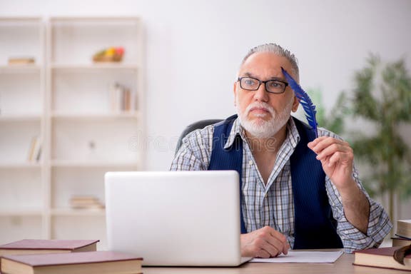 Old Male Writer Sitting at Workplace Stock Photo - Image of play ...