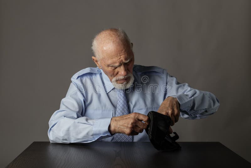 Old Man in Blue and Empty Wallet Stock Image - Image of open, poverty ...