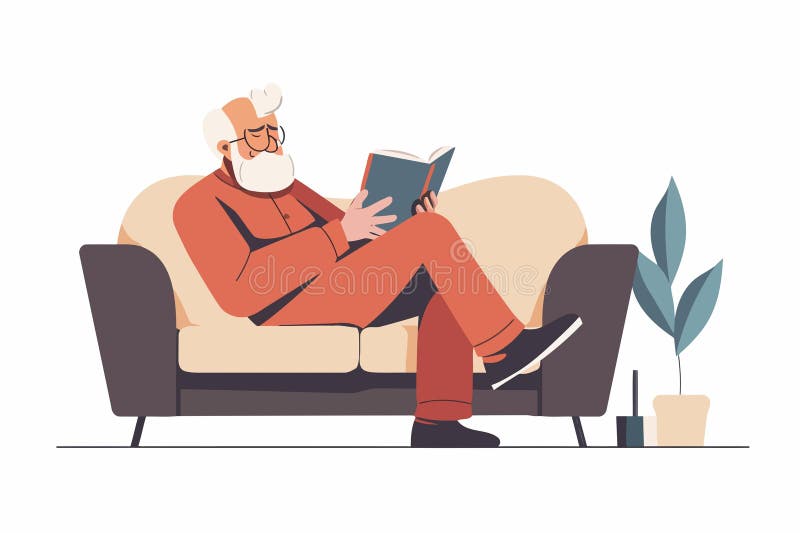 Old Man with Book in Pajamas Relaxes on a Sofa Isolated Vector Style ...