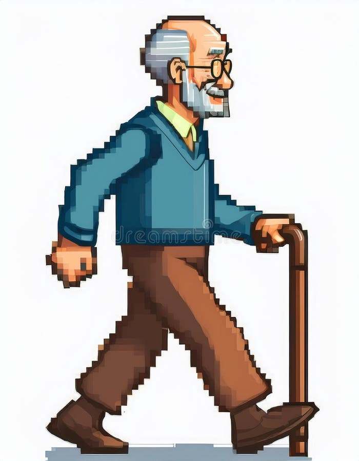 Old Man with a Cane Walking Forward Pixel Art Style Stock Illustration ...