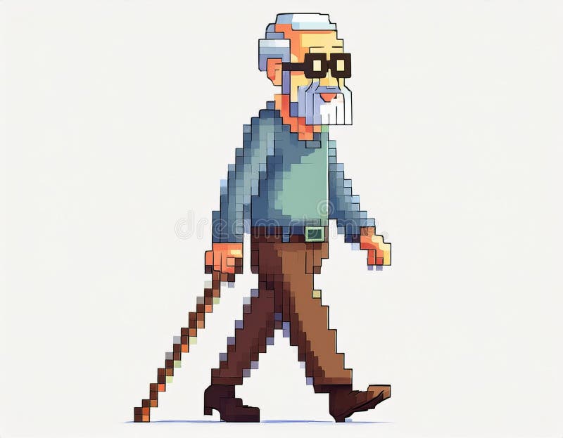 Old Man with a Cane Walking Forward Pixel Art Style Stock Illustration ...