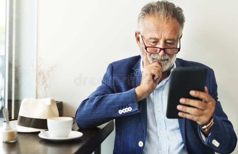 Old Man Coffee Shop Mobile Device Concept Stock Image - Image of ...