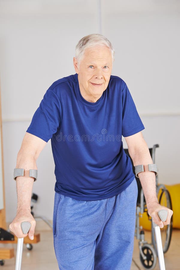 Old Man with Crutches Learning To Walk Stock Image - Image of ...