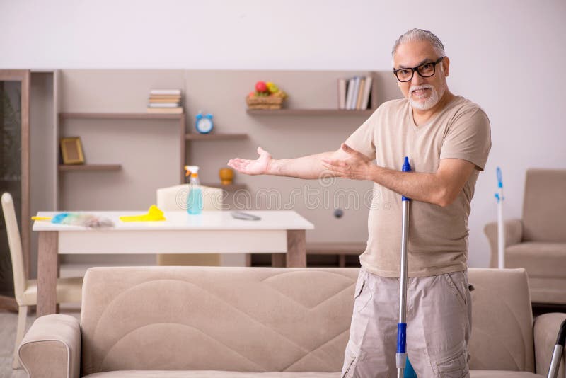 Old Man Doing Housework at Home Stock Image - Image of furniture, clean ...