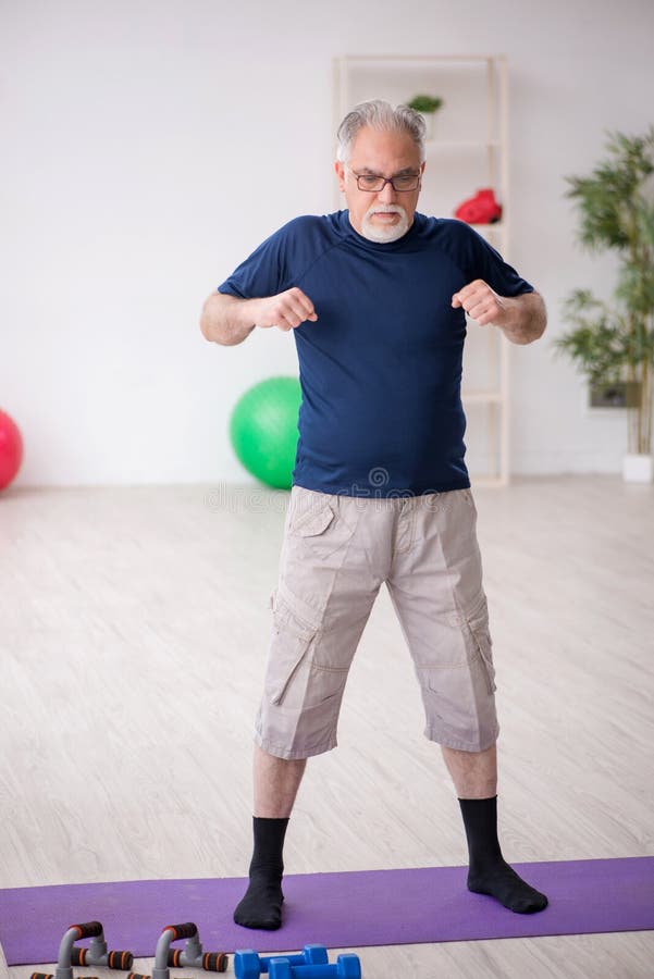 Old Man Doing Sport Exercises Indoors Stock Image - Image of fitness ...