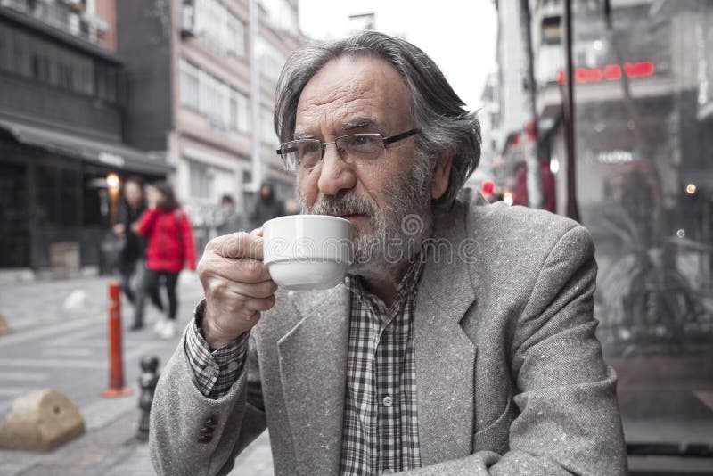 Old Man Drinking Coffee in Outdoors Stock Photo - Image of street ...