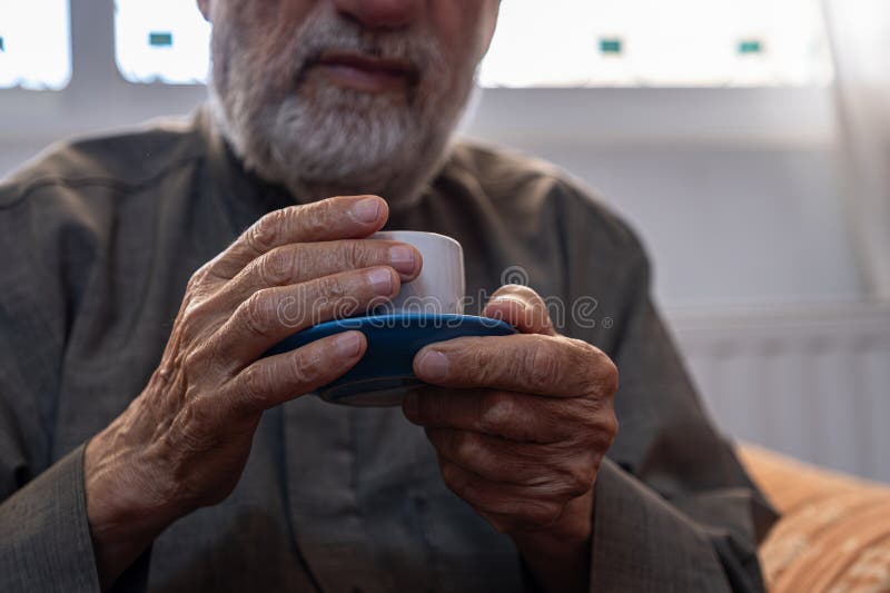 Old Man Drinking Coffee with Smile on His Face Stock Image - Image of ...