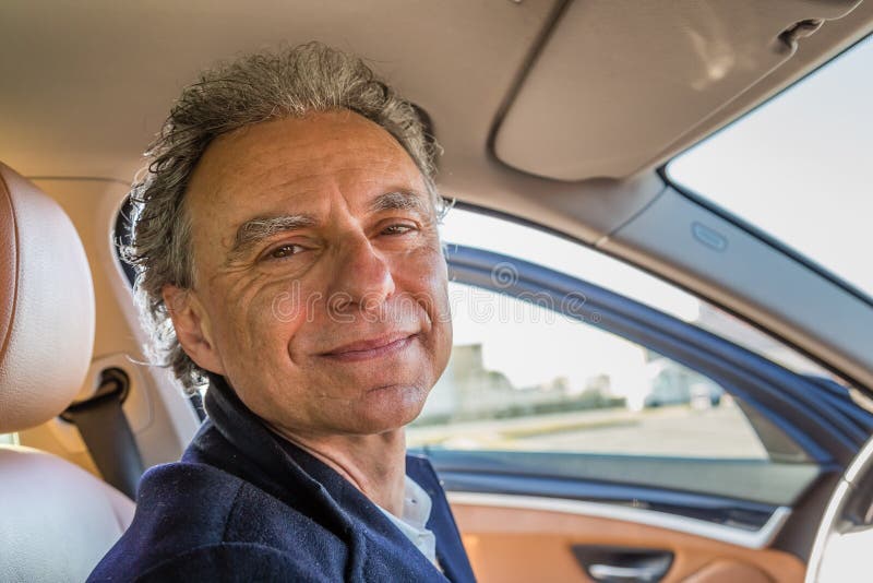 Elegant Middle-aged Man Driving Luxury Blue Car Stock Image - Image of ...