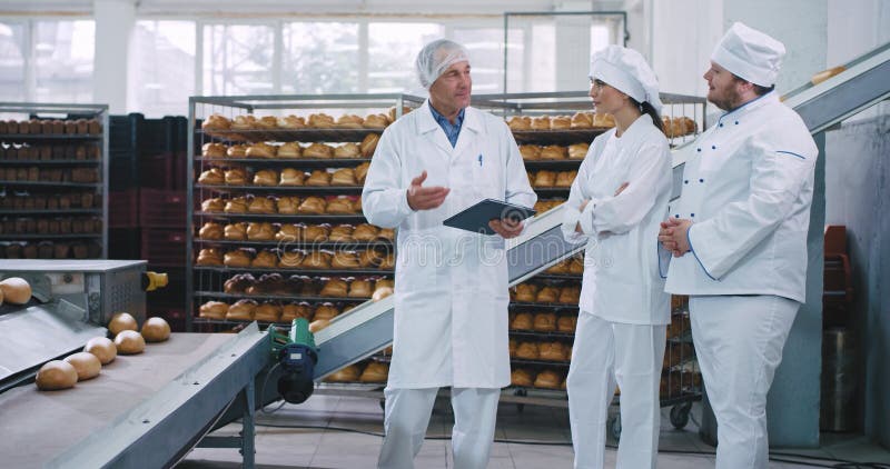 Old Man Engineer Have a Chat with Two Bakers in a Bakery Industry he ...