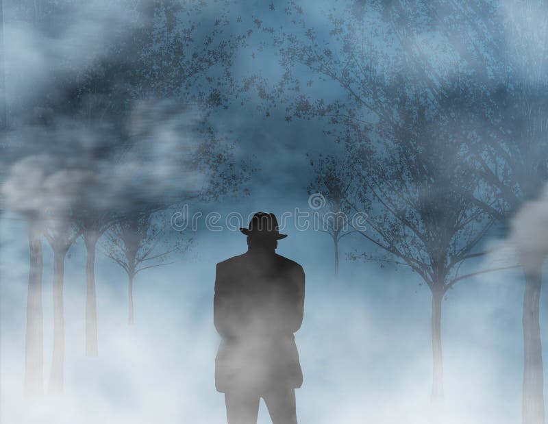 An Old Man Faces a Foreboding Fog Filled Forest Stock Illustration ...