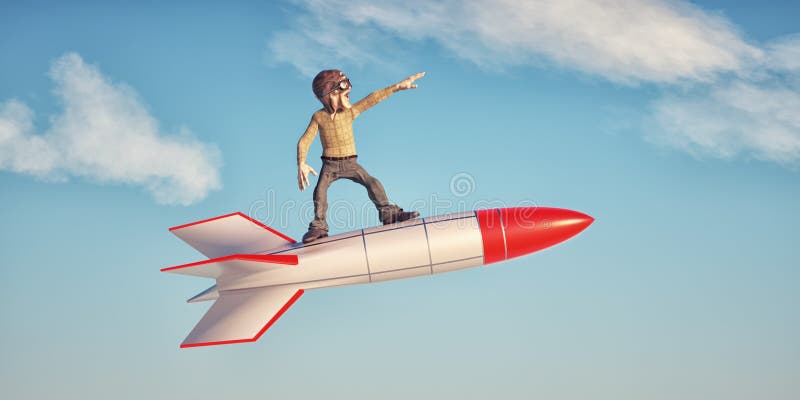Old Man Flying on a Rocket. Start Up and Project Launch Concept Stock ...