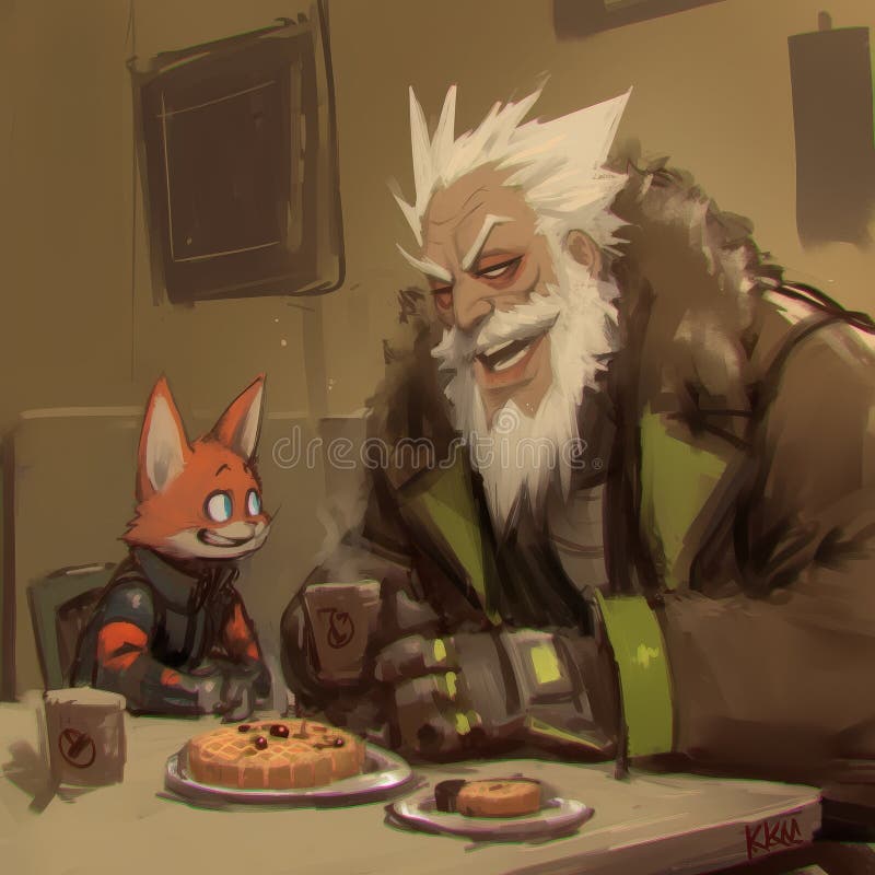 Old Man and Fox Share Coffee and Waffles Stock Illustration ...