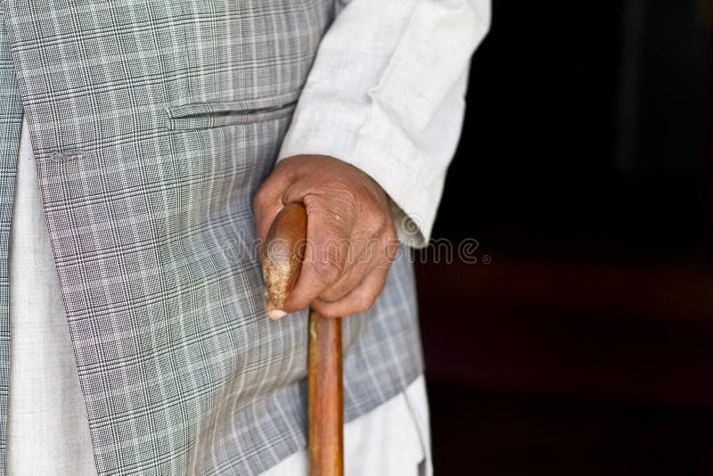 Old Man Hand on His Walking Stick Stock Image - Image of needy, spacen ...