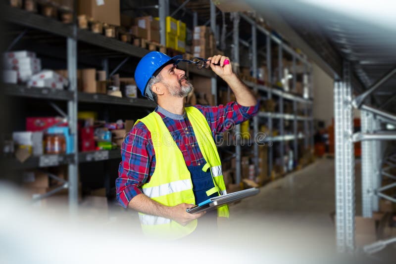 Man Inspecting Boxes in Distribution Warehouse. Stock Photo - Image of ...