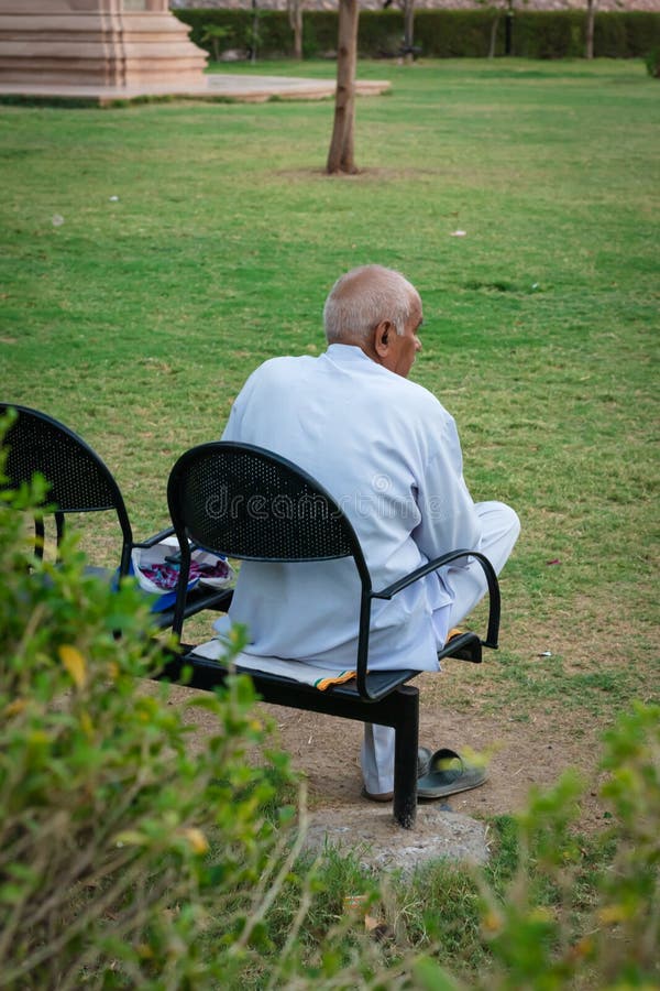 Old Man Sitting Alone at Iron Chair at Park from Back at Evening Stock ...