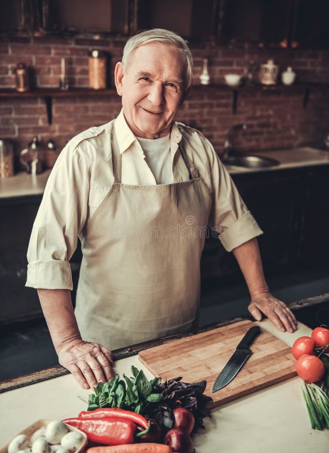 Old man in kitchen stock image. Image of nutrition, lunch - 97136435