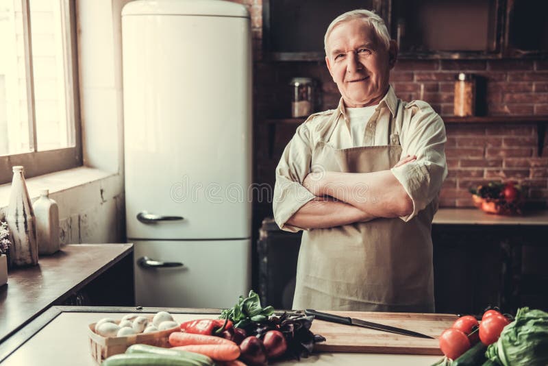 Old man in kitchen stock image. Image of male, crossed - 97136669