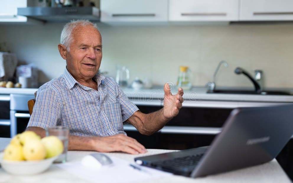 Old Man with Laptop Talking through Video Call Stock Photo - Image of ...