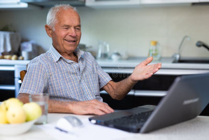 Old Man with Laptop Talking through Video Call Stock Photo - Image of ...