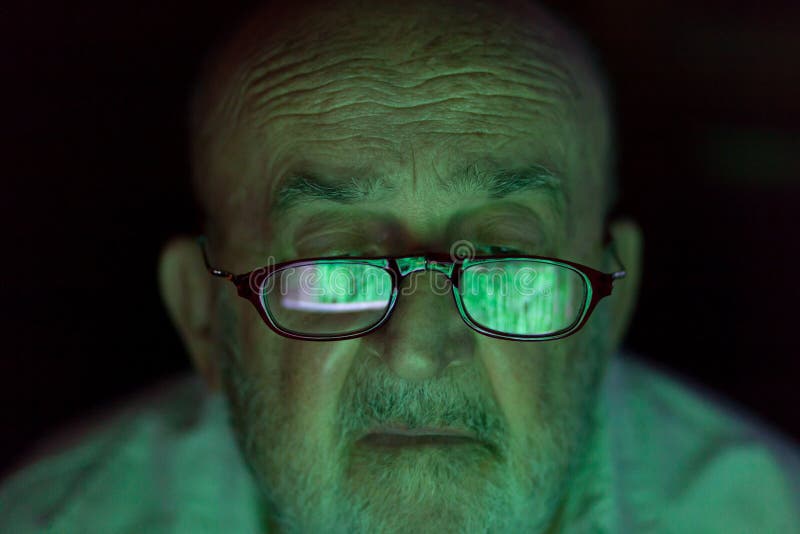 Old Man Looking at a Hacked Computer Screen Stock Photo - Image of ...
