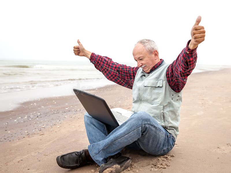 Old Man with Notebook on Beach Stock Image - Image of elderly ...