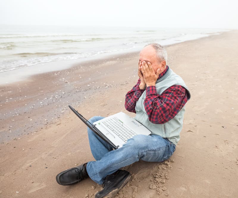Old Man with Notebook on Beach Stock Photo - Image of elderly ...