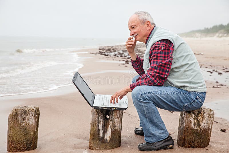 Old Man with Notebook on Beach Stock Image - Image of concept ...