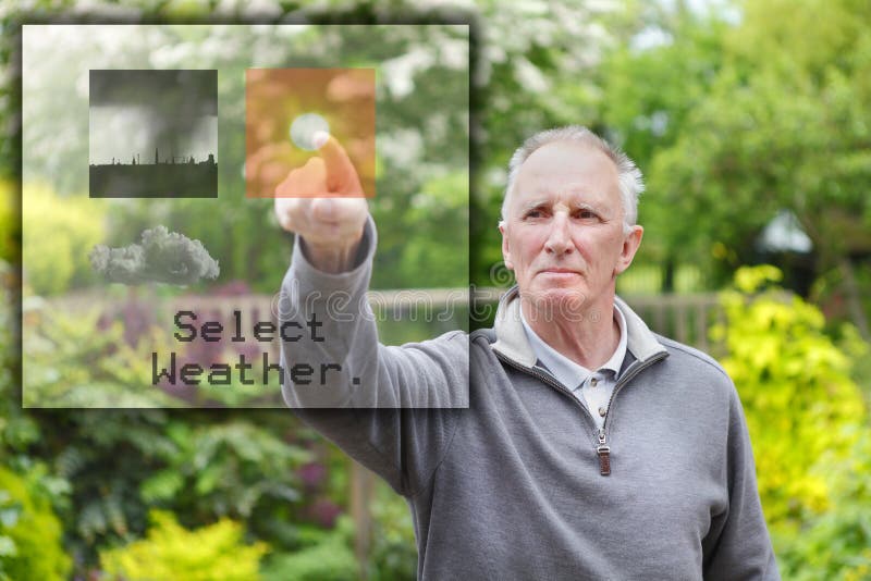 Old Man Pressing Touch Screen Stock Photo - Image of digital, network ...