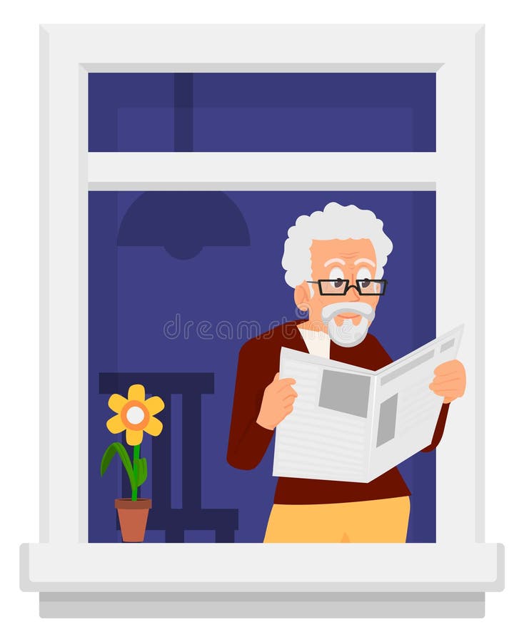Old Man Read Newspaper. Window Exterior View Stock Vector - Illustration of house, cafe: 311664280