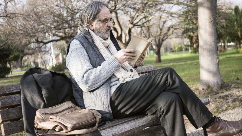 Old Man Reading Book in the Park Stock Image - Image of outdoors ...