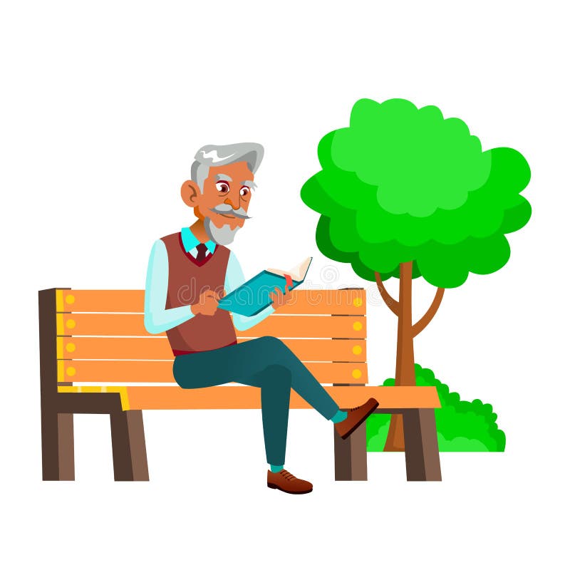Old Man Reading Book On Park Bench Outdoor Vector Stock Vector