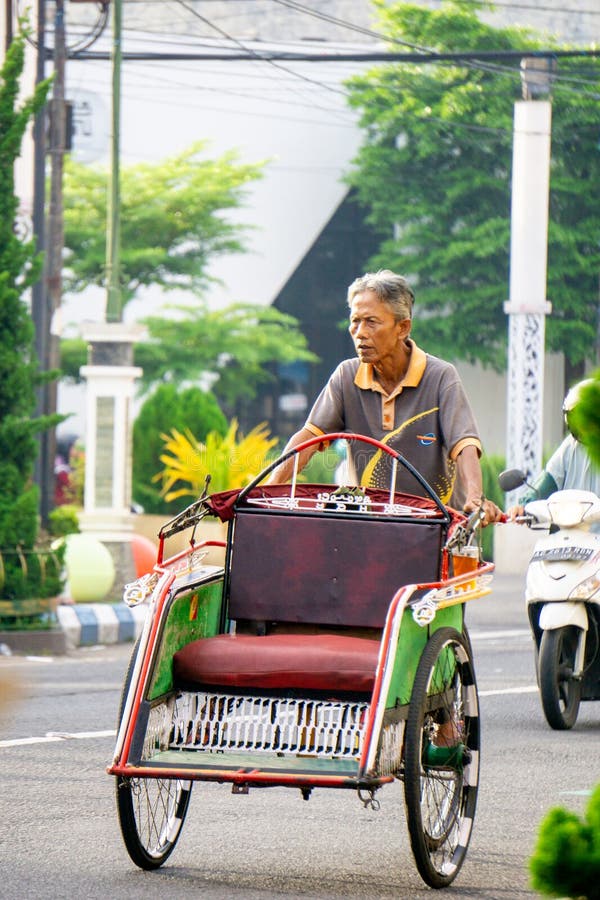 Old Man Riding Becak in the Morning To Look for Customer Editorial ...