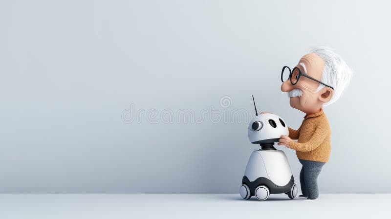 Old Man with Robot Companion White Isolate Background Stock ...