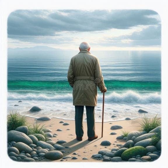 An Old Man by the Sea Alone at Sunset. Stock Image - Image of horizon ...
