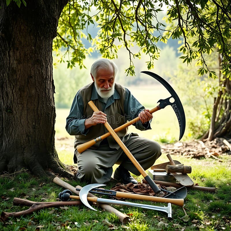 An Old Man Sharpening a Scythe Under a Tree with Traditional Tools ...