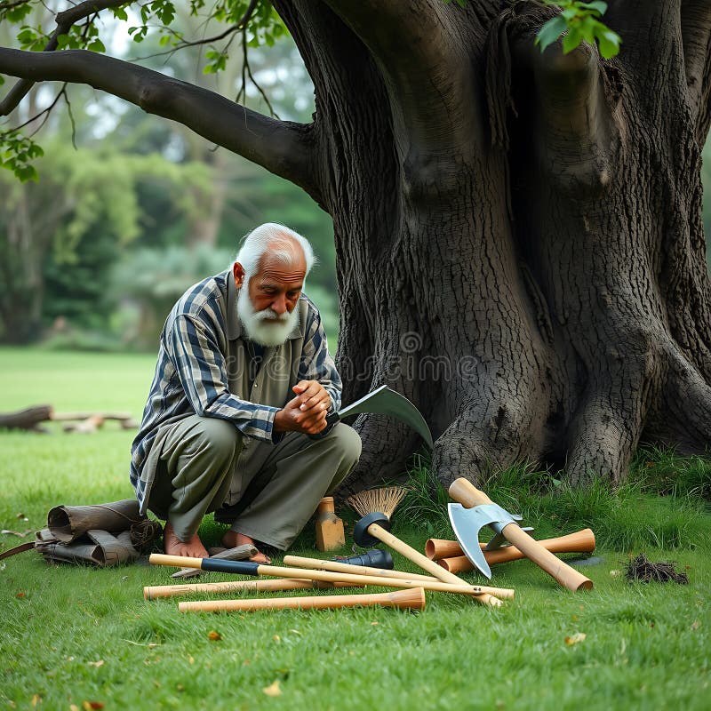 An Old Man Sharpening a Scythe Under a Tree with Traditional Tools ...