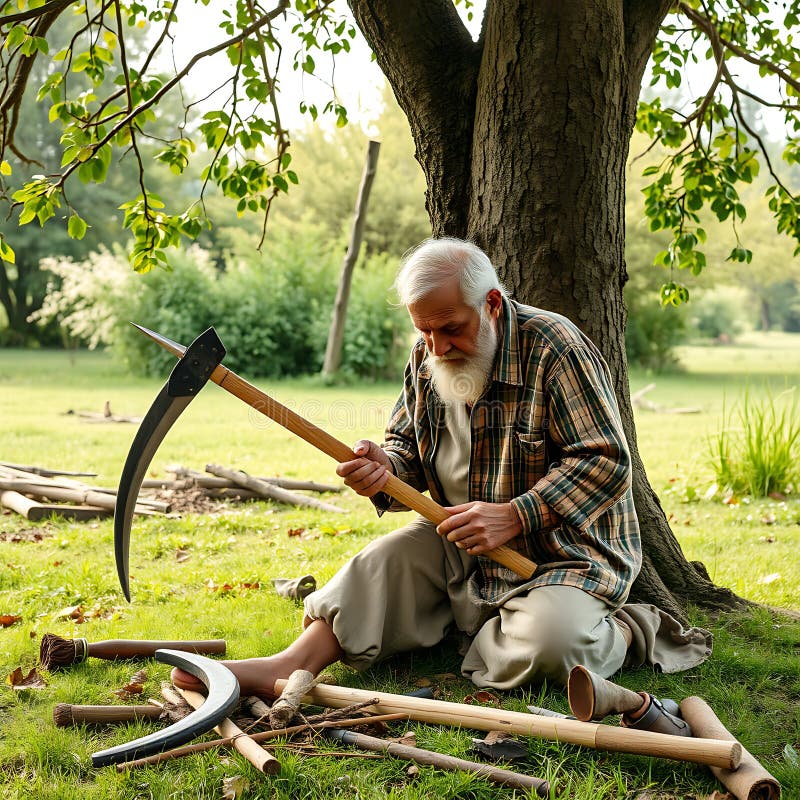 An Old Man Sharpening a Scythe Under a Tree with Traditional Tools ...