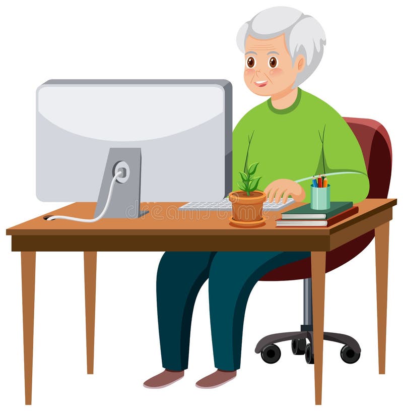 Old Man Sitting in Front of Computer Stock Vector - Illustration of ...