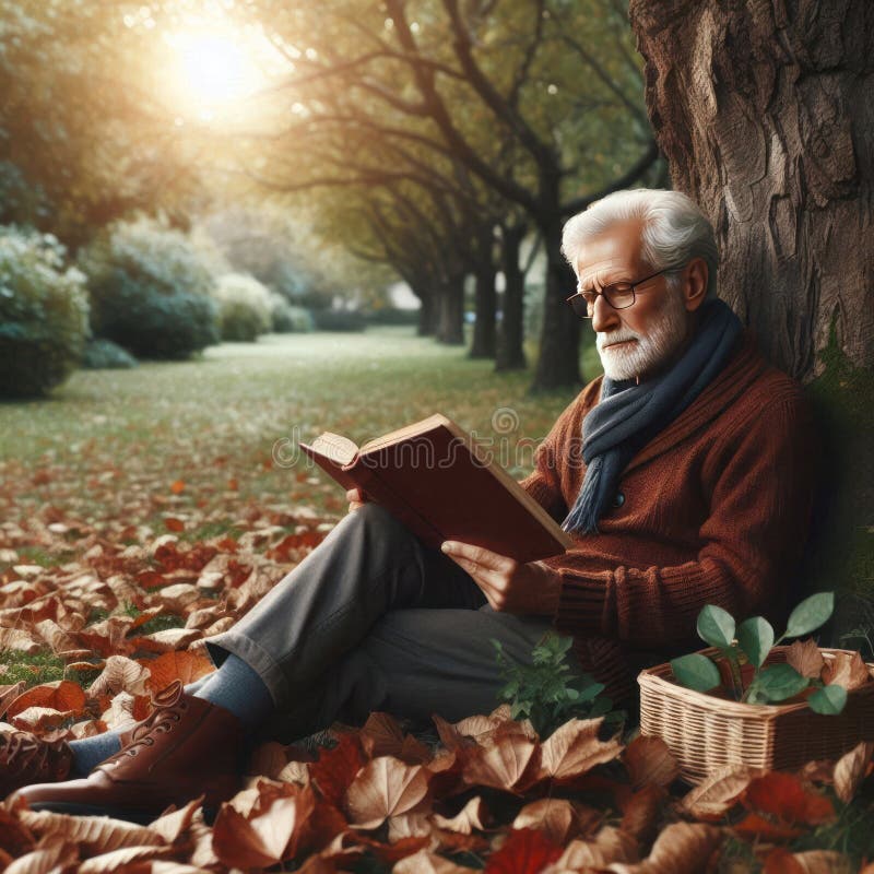 An Old Man is Sitting Under a Tree with a Book among the Autumn Leaves ...