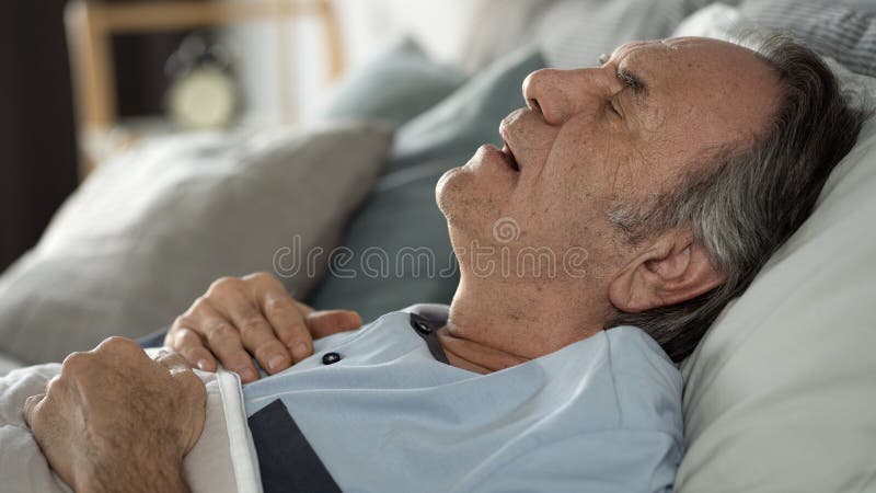 Old Man Sleeps in Bed with Mouth Open Stock Photo - Image of face ...