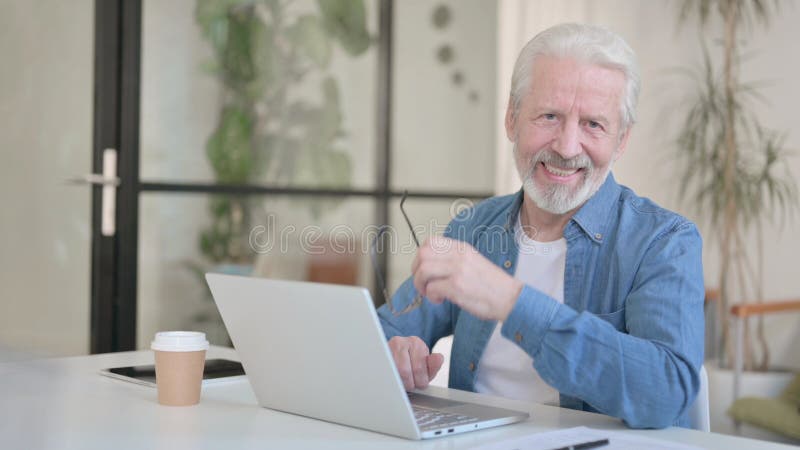 Senior Old Man Smiling at Camera while Using Laptop Stock Image - Image ...