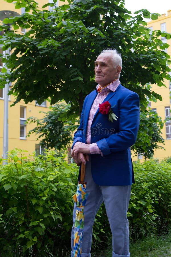Elegantly Dressed Old Man Standing Outdoors Alone. Black and White ...