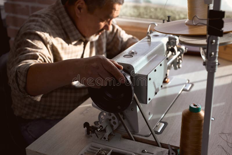Old Man Testing, Learning To Sew with Sewing Machine Stock Image ...