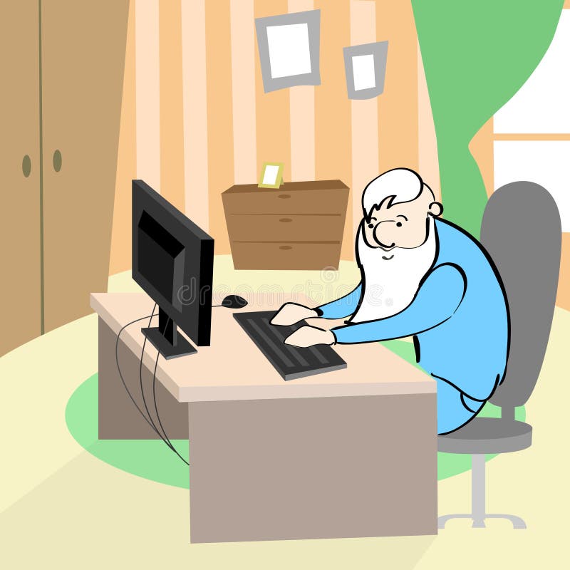 Old Man Using Computer Senior Grandfather Sitting at Desk Home Stock ...