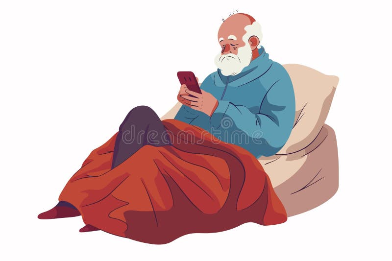Old Man Using Phone in Bed Social Media Isolated Stock Vector ...