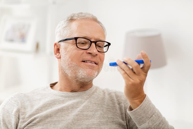 Old Man Using Voice Command Recorder on Smartphone Stock Photo - Image ...