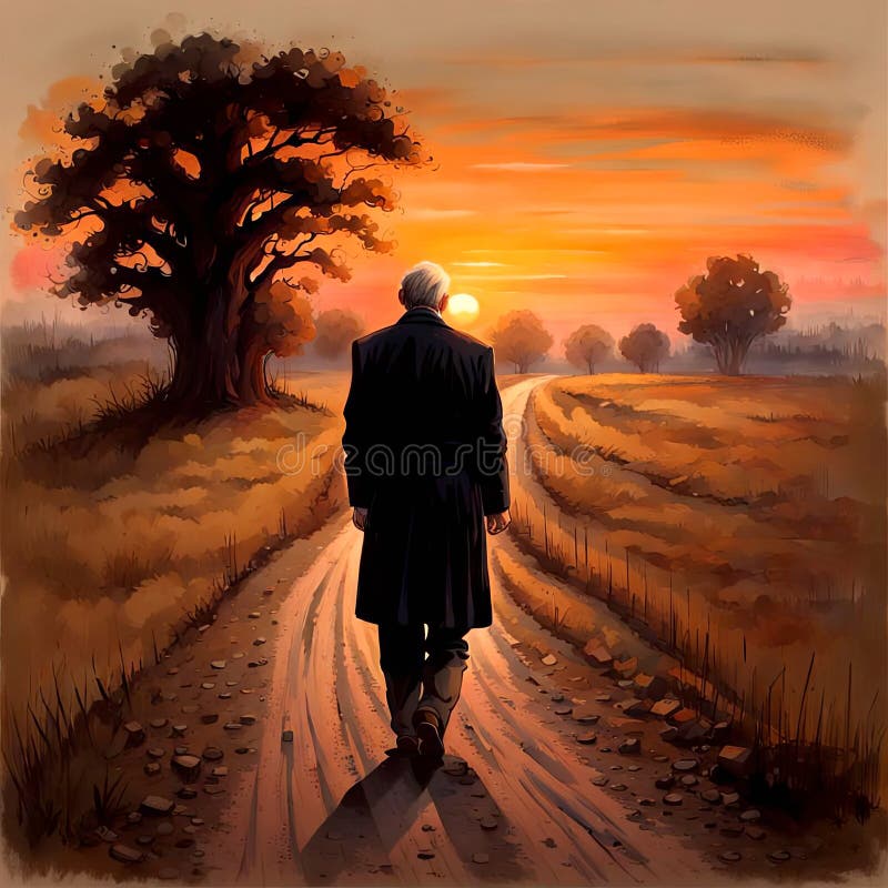 Old Man Walking Down a Dirt Path Stock Illustration - Illustration of ...