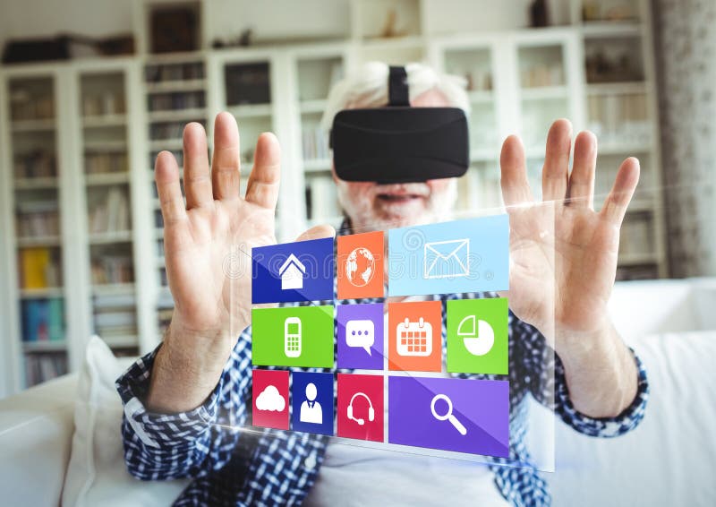 Old Man Wearing VR Virtual Reality Headset with Interface Stock Image ...