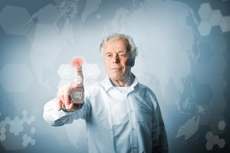 Old Man in White Pushing the Button. Innovative Technology Concept ...
